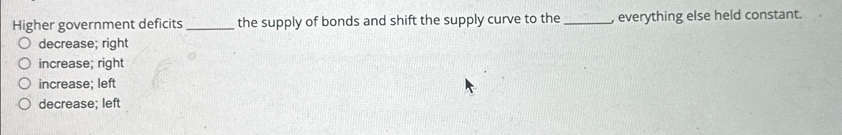 Solved Higher government deficits ____ ﻿the supply of bonds | Chegg.com