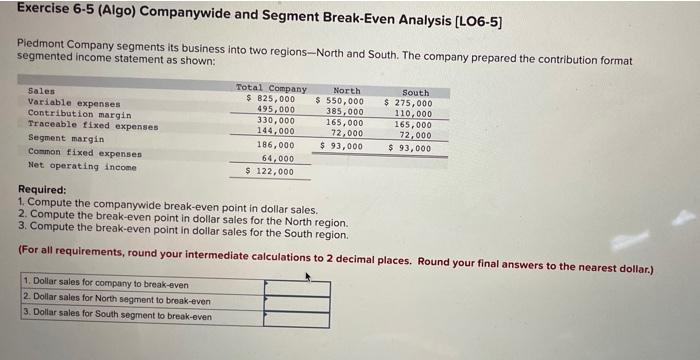 Solved Exercise 6-5 (Algo) Companywide and Segment | Chegg.com