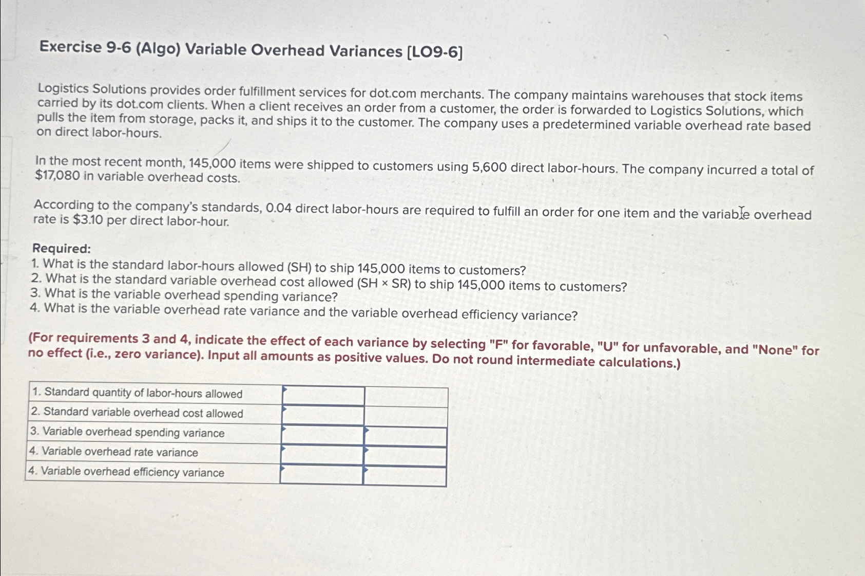 Solved Exercise 9-6 (Algo) ﻿Variable Overhead Variances | Chegg.com