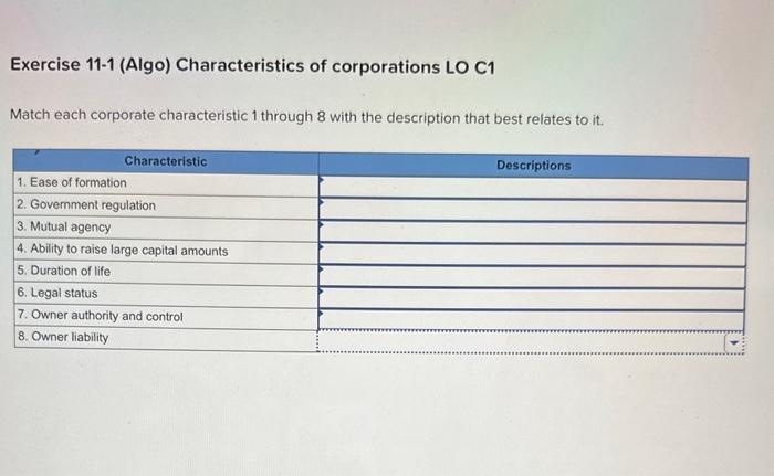 Solved Exercise 11-1 (Algo) Characteristics of corporations | Chegg.com