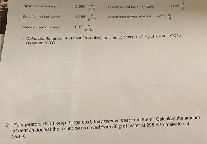 Solved Specific heat of ice 2.050 Latent heat of fusion of | Chegg.com