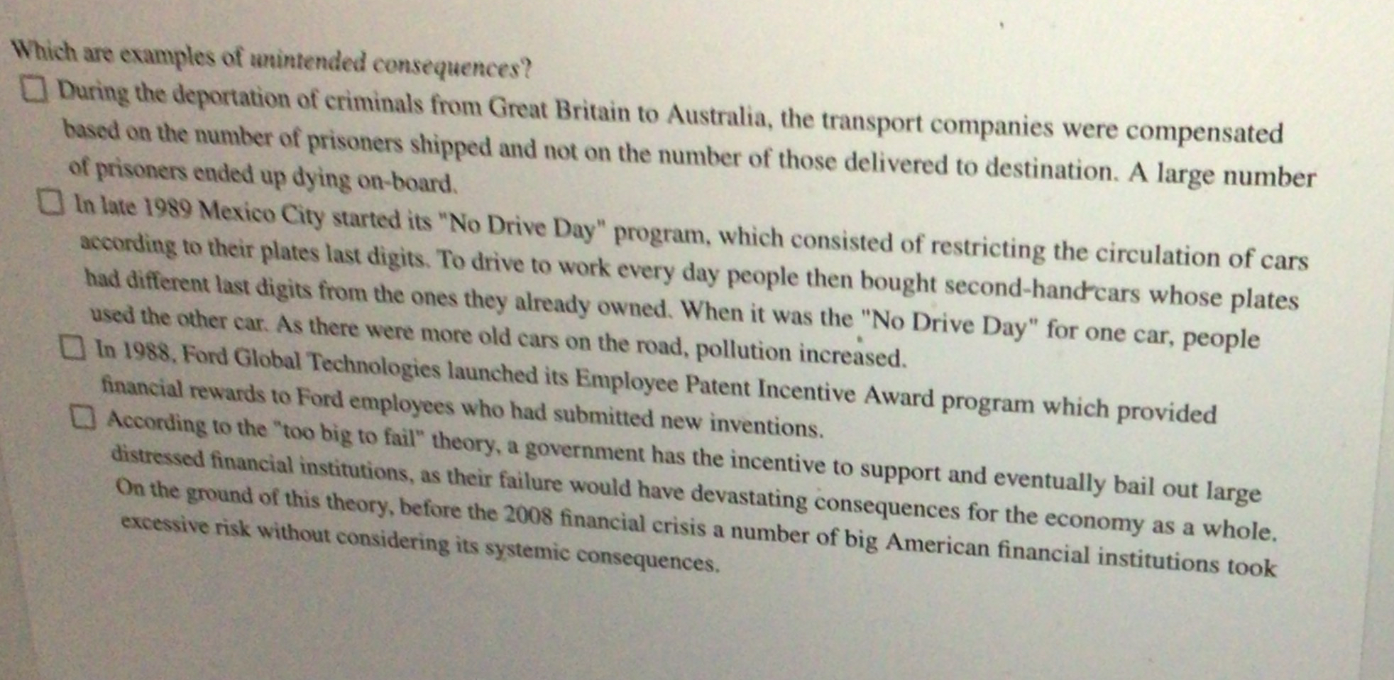 Solved Which are examples of unintended consequences?During | Chegg.com