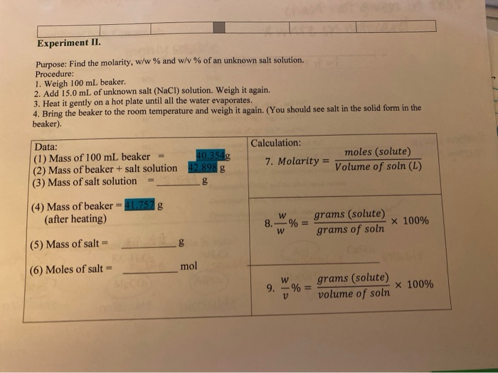 Solved Experiment II. Purpose: Find the molarity, w/w % and | Chegg.com