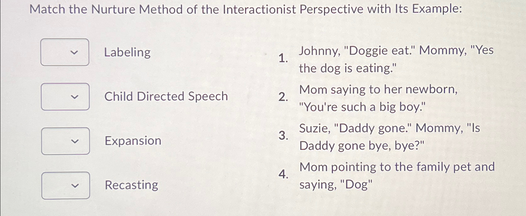 Solved Match the Nurture Method of the Interactionist | Chegg.com
