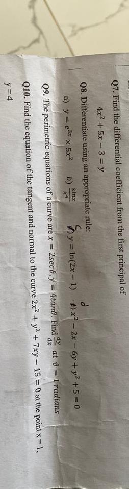 Solved Q7. ﻿Find the differential coefficient from the first | Chegg.com