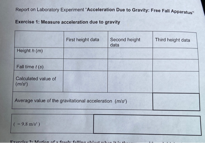 Solved Report on Laboratory Experiment "Acceleration Due to | Chegg.com