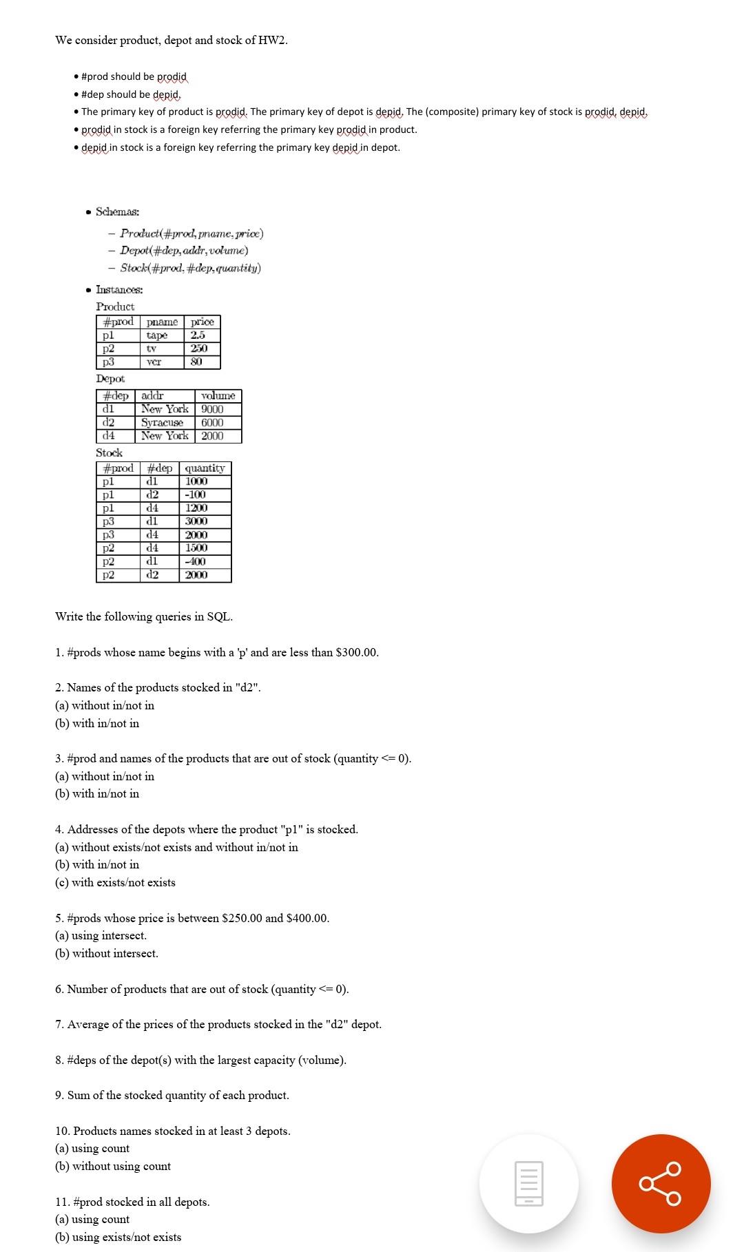 Solved We consider product, depot and stock of HW2. - \#prod | Chegg.com