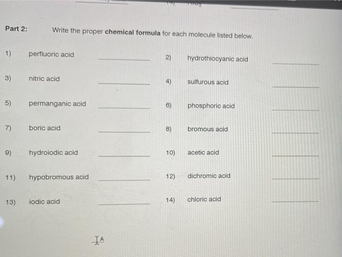 Solved Part 2: Write the proper chemical formula for each | Chegg.com