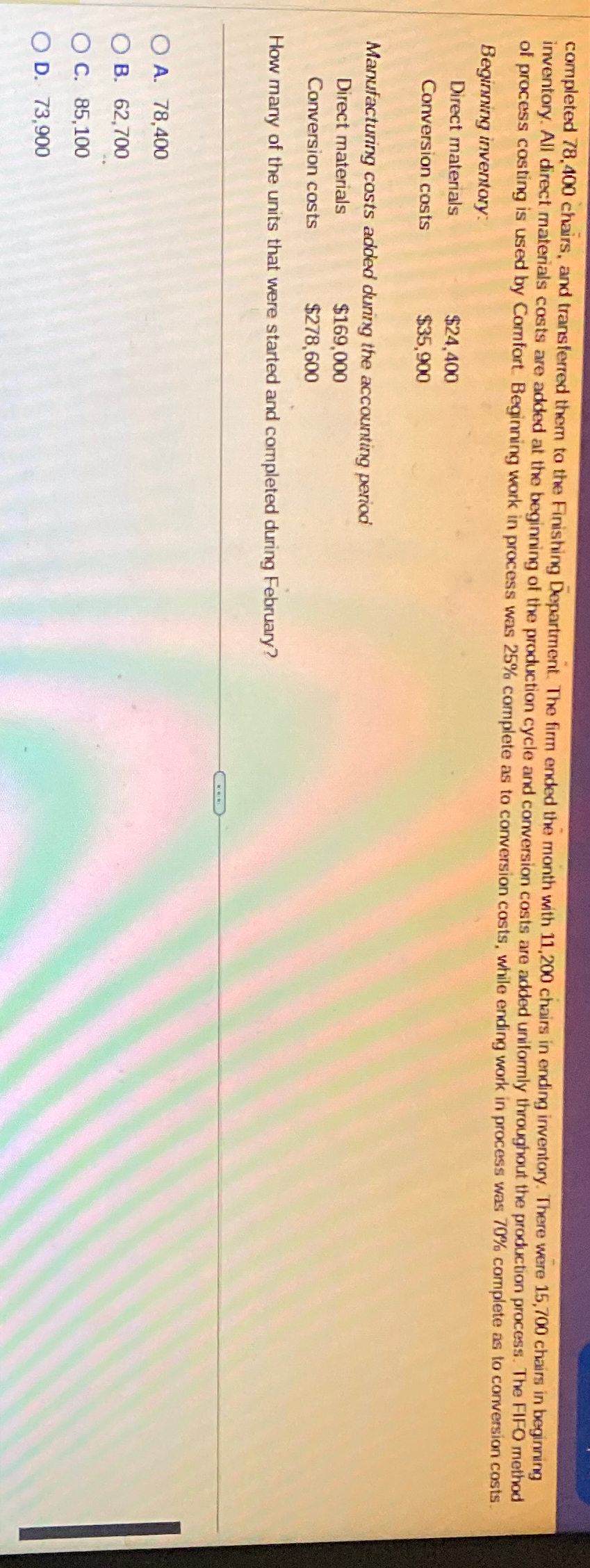 Solved completed 78,400 ﻿chairs, and transferred them to the | Chegg.com