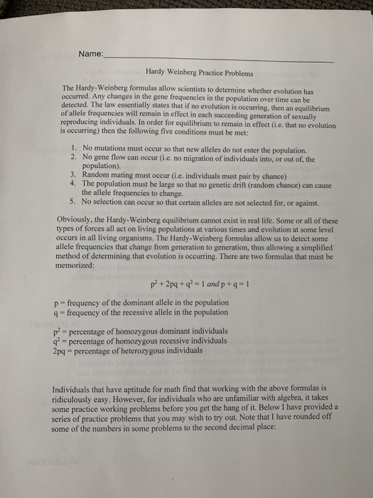 Solved Name: Hardy Weinberg Practice Problems The | Chegg.com