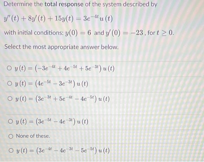 Solved Determine the total response of the system described | Chegg.com