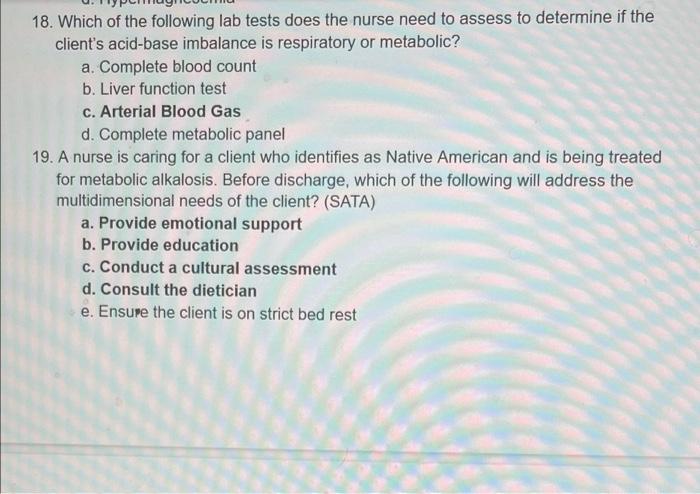 Solved 18 Which Of The Following Lab Tests Does The Nurse Chegg