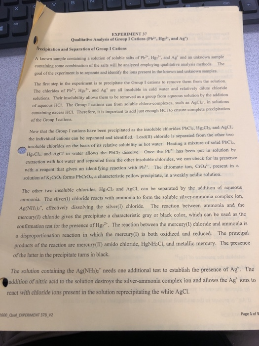 EXPERIMENT 37 Qualitative Analysis of Group 1 Cations | Chegg.com