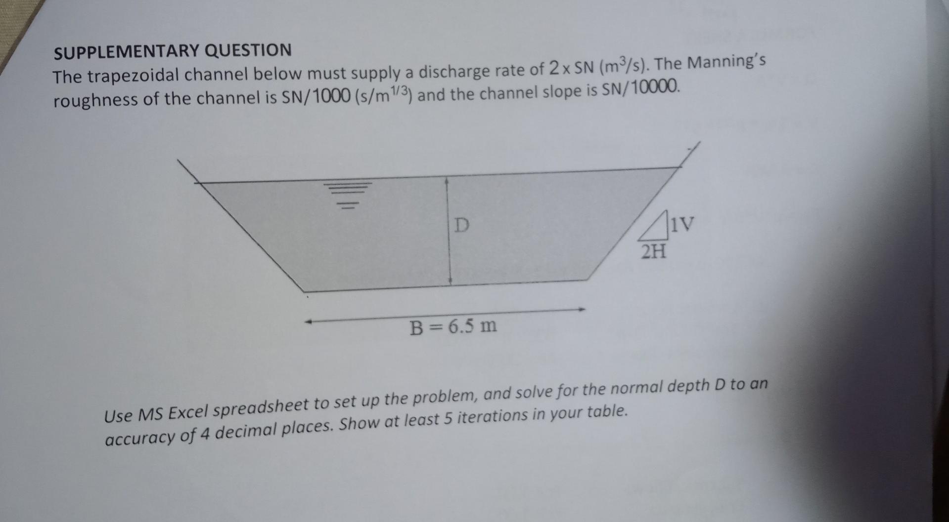 Solved SUPPLEMENTARY QUESTION The trapezoidal channel below | Chegg.com