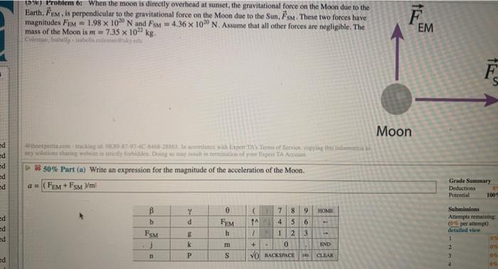 Solved 1) Problem 6: When the moon is directly overhead at | Chegg.com