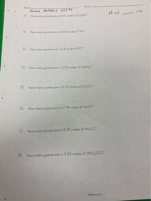 Solved None 10 1) How many gromn ore in 644 molos of L2SO,4 | Chegg.com