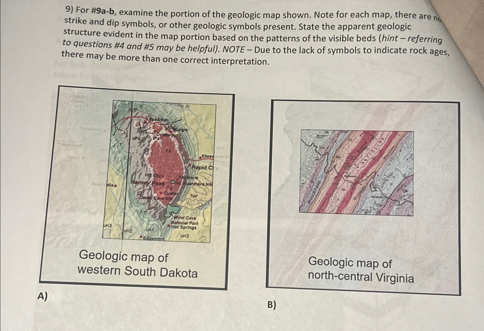 For #9a-b, ﻿examine the portion of the geologic map | Chegg.com