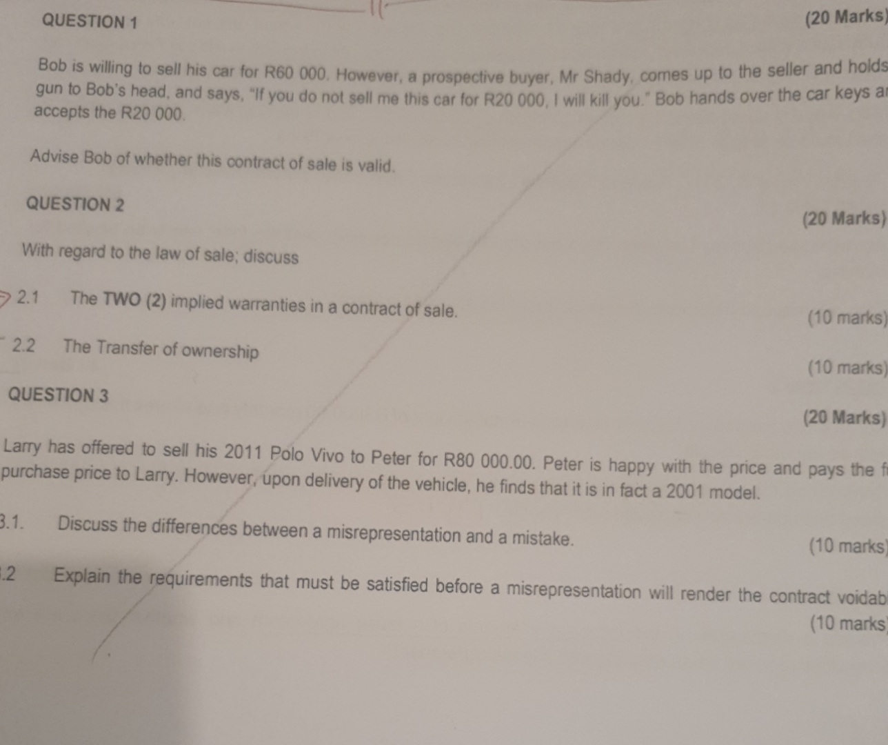 QUESTION 1(20 ﻿Marks)Bob is willing to sell his car | Chegg.com