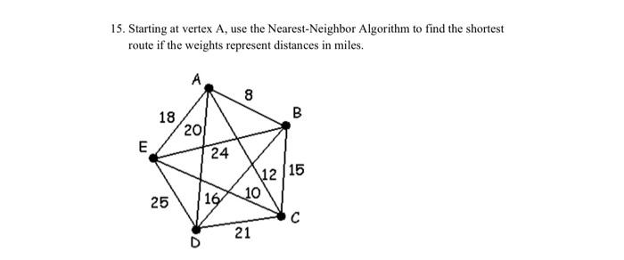 Solved 15. Starting at vertex A, use the Nearest-Neighbor | Chegg.com Solved 15. Starting at vertex A, use the Nearest-Neighbor | Chegg.com