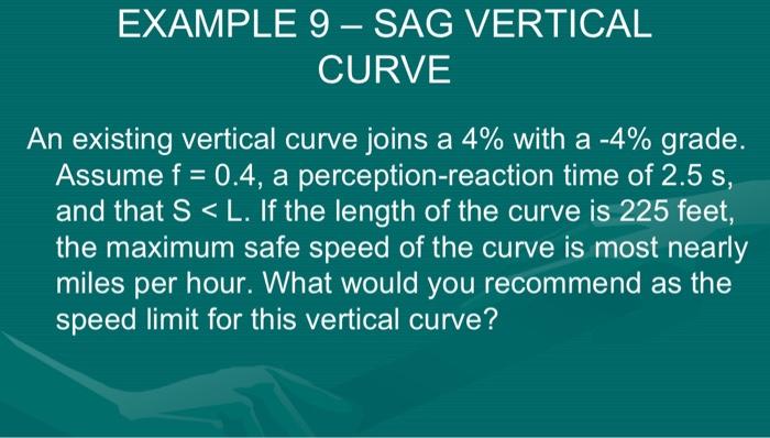 Solved EXAMPLE 9 - SAG VERTICAL CURVE An existing vertical | Chegg.com