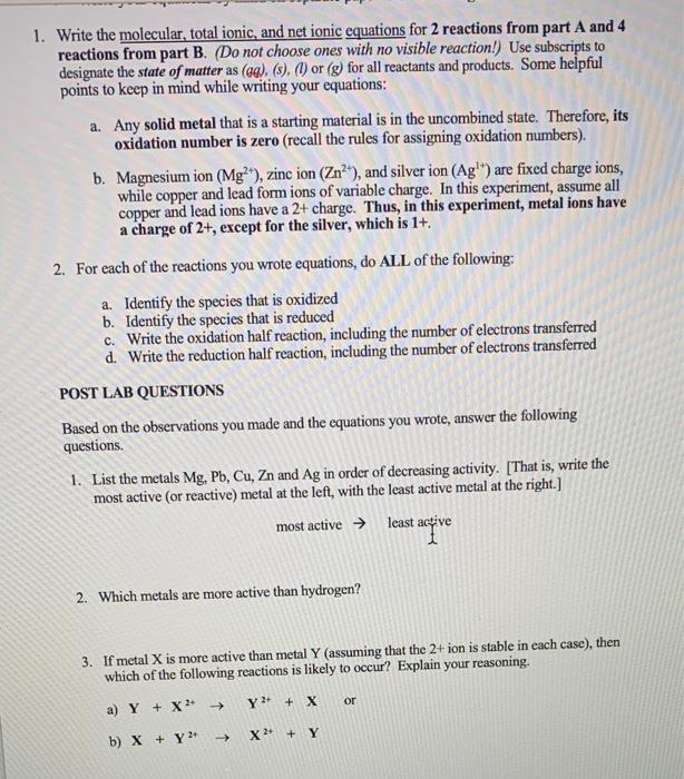 Solved 1. Write the molecular, total ionic, and net ionic | Chegg.com