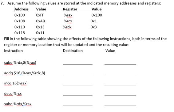 Solved Assume the follown=ing values are stored at the | Chegg.com