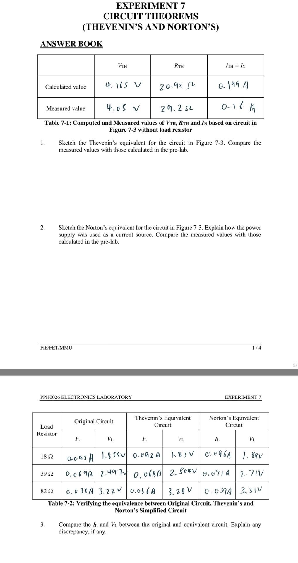Solved EXPERIMENT 7 CIRCUIT THEOREMS (THEVENIN'S AND | Chegg.com