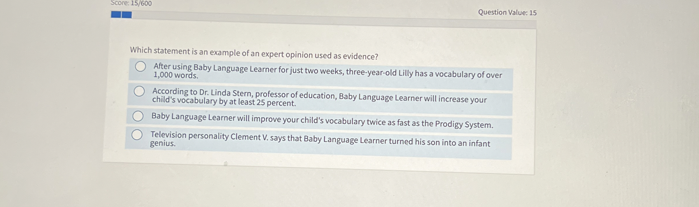 Solved Score: 15/600Question Value: 15Which statement is an | Chegg.com