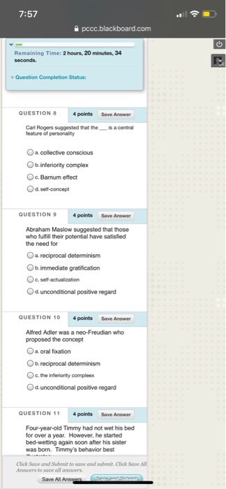 Solved 7:57 pccc.blackboard.com Remaining Time: 2 hours, 20 | Chegg.com