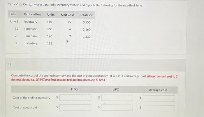 Solved Carla Vista Company uses a periodic inventory system | Chegg.com