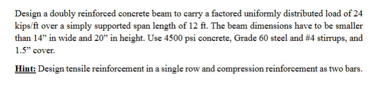 Solved Design a doubly reinforced concrete beam to carry a | Chegg.com