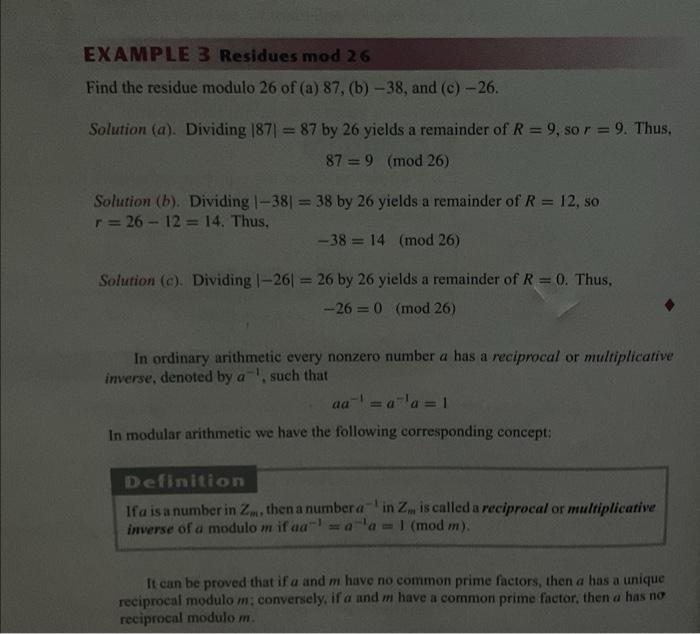 Solved Find the residue modulo 26 of (a) 87 , (b) -38 , and | Chegg.com