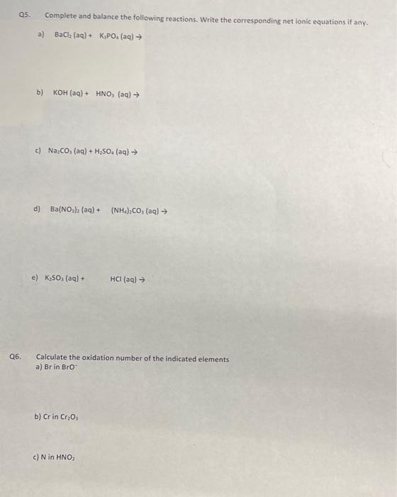 Solved Q5. Complete and balance the following reactions. | Chegg.com