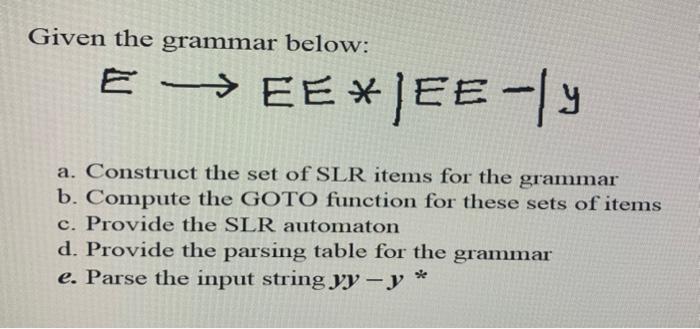 Solved Given the grammar below: E→EE∗∣EE−∣y a. Construct the | Chegg.com