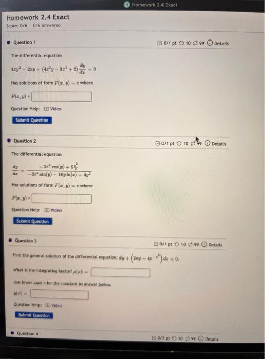 Solved The differential equation 4xy2−2xy+(4x2y−1x2+2)dzdy=0 | Chegg.com