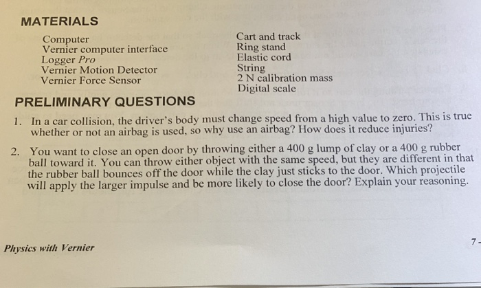 Solved MATERIALS Computer Cart and track Vernier computer | Chegg.com
