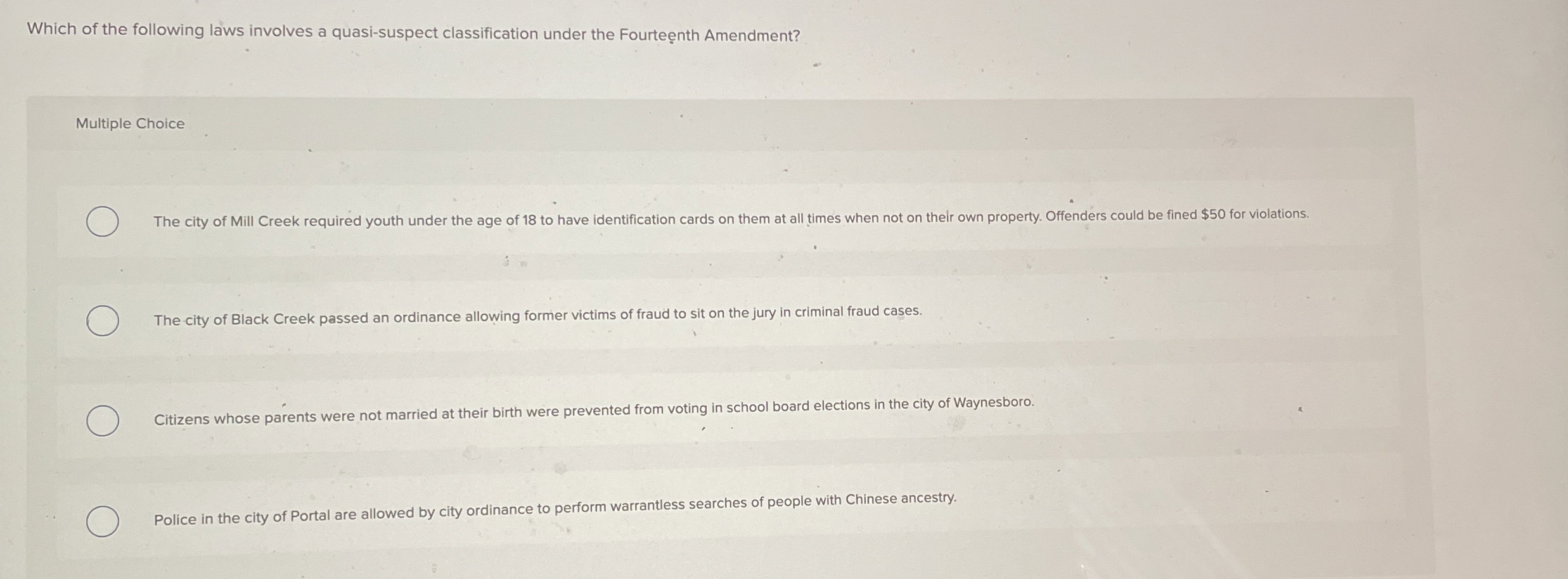 Solved Which of the following laws involves a quasi-suspect | Chegg.com