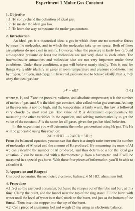 Solved Experiment 1 Molar Gas Constant 1. Objective 11. To | Chegg.com