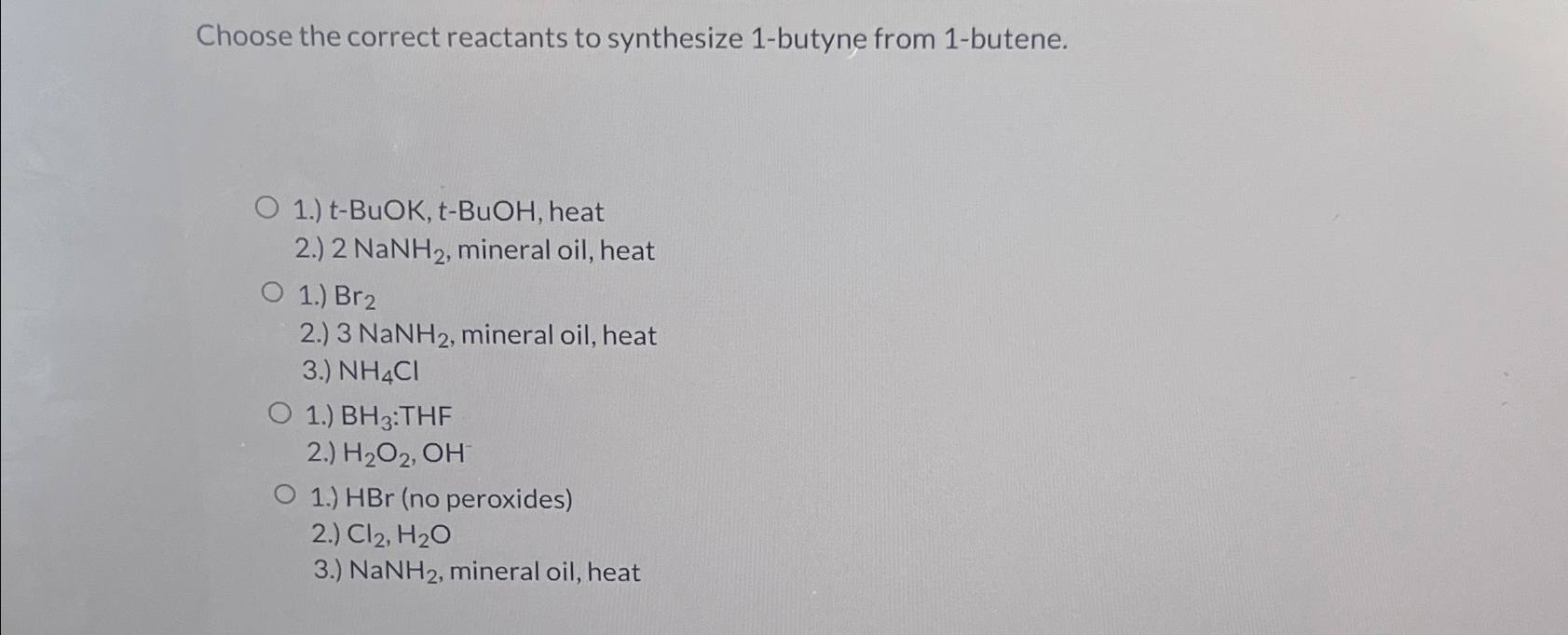 Solved Choose the correct reactants to synthesize 1-butyne | Chegg.com