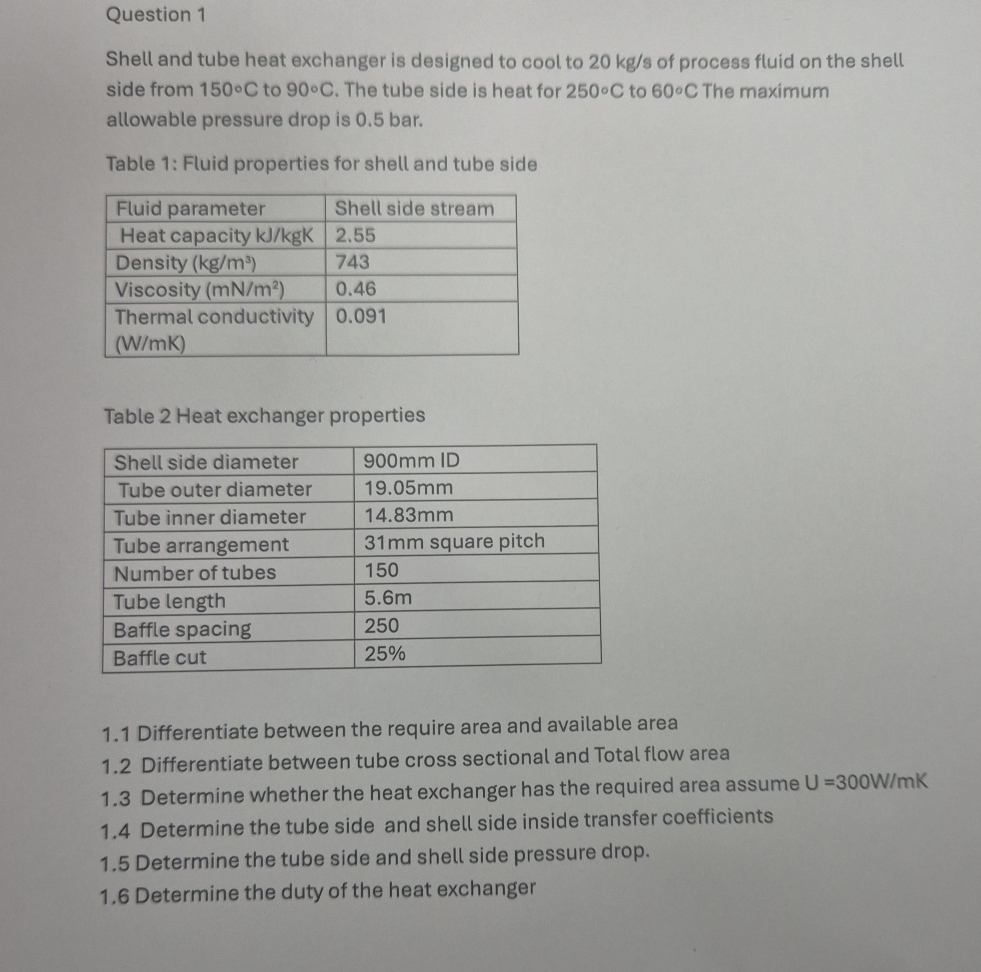 Solved Question 1Shell and tube heat exchanger is designed | Chegg.com
