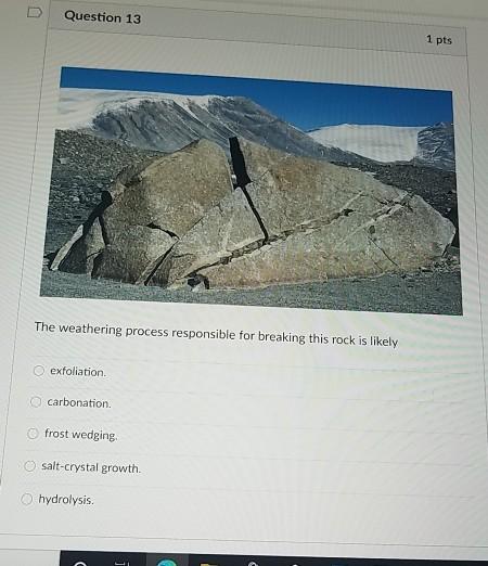 Solved Question 13 1 pts The weathering process responsible | Chegg.com