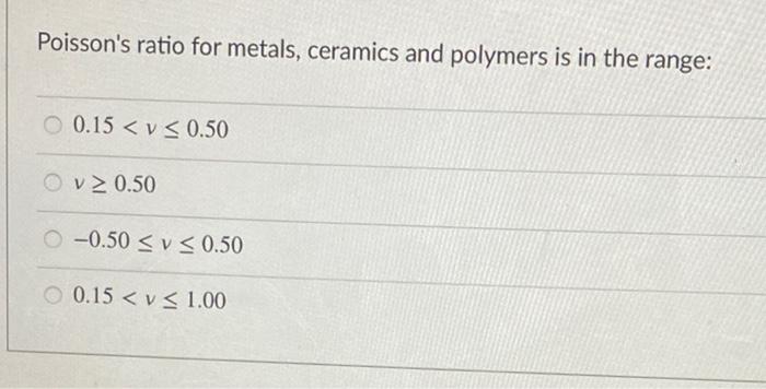Solved Poisson's ratio for metals, ceramics and polymers is | Chegg.com