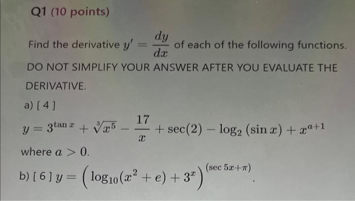 Solved Find the derivative y′=dxdy of each of the following | Chegg.com