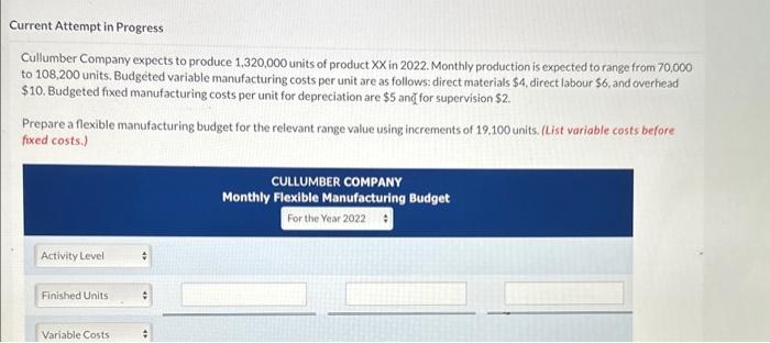 Solved Current Attempt in Progress Cullumber Company expects | Chegg.com