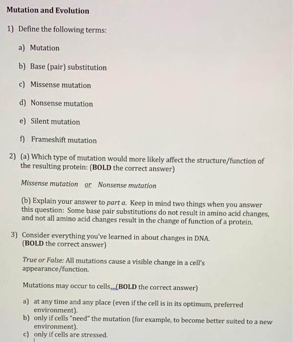 Solved Mutation and Evolution 1) Define the following terms: | Chegg.com