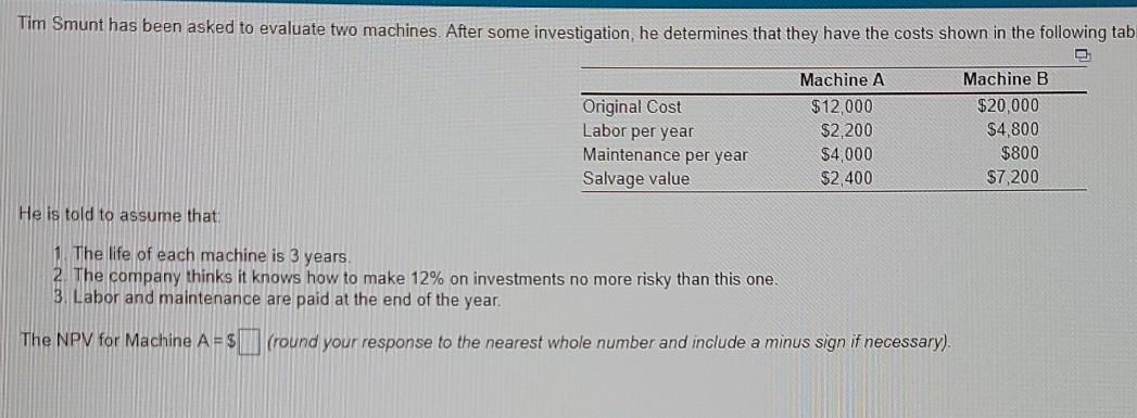 Solved Tim Smunt has been asked to evaluate two machines. | Chegg.com