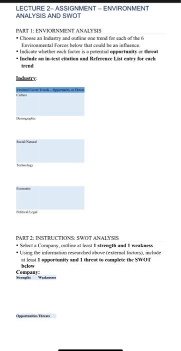 Solved LECTURE 2- ASSIGNMENT - ENVIRONMENT ANALYSIS AND SWOT | Chegg.com