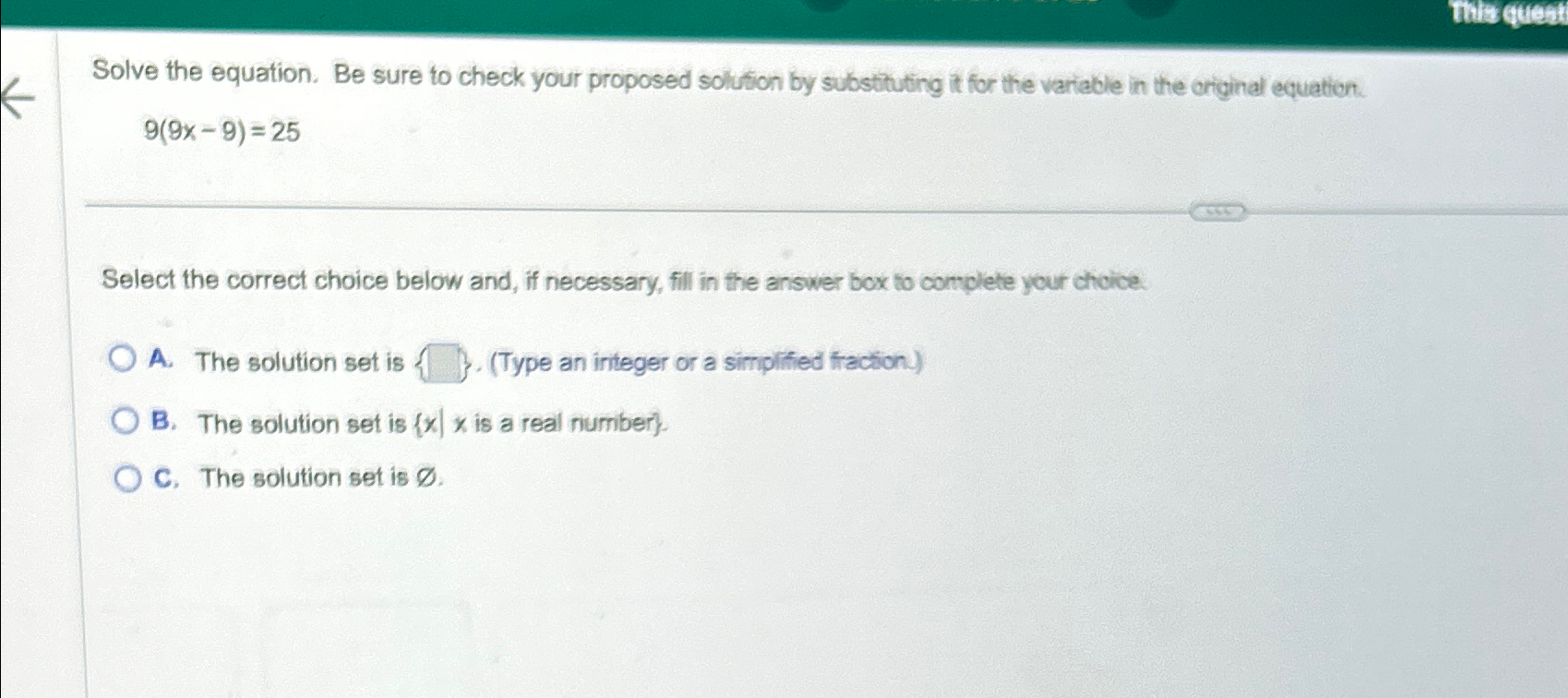 Solved Solve the equation. Be sure to check your proposed | Chegg.com