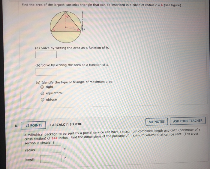 Solved Find the area of the largest isosceles triangle that | Chegg.com