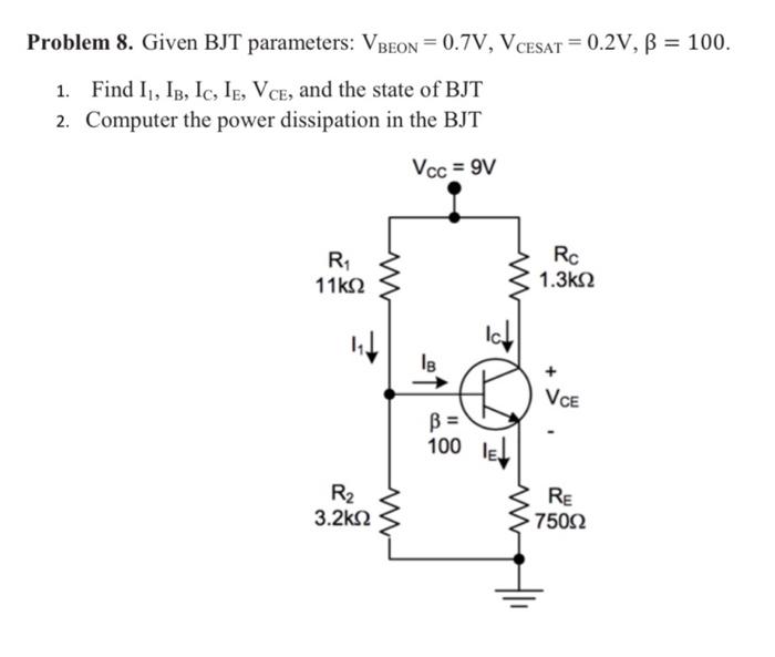 Solved Problem 8. Given BJT parameters: VBEON = 0.7V, VCEsat | Chegg.com
